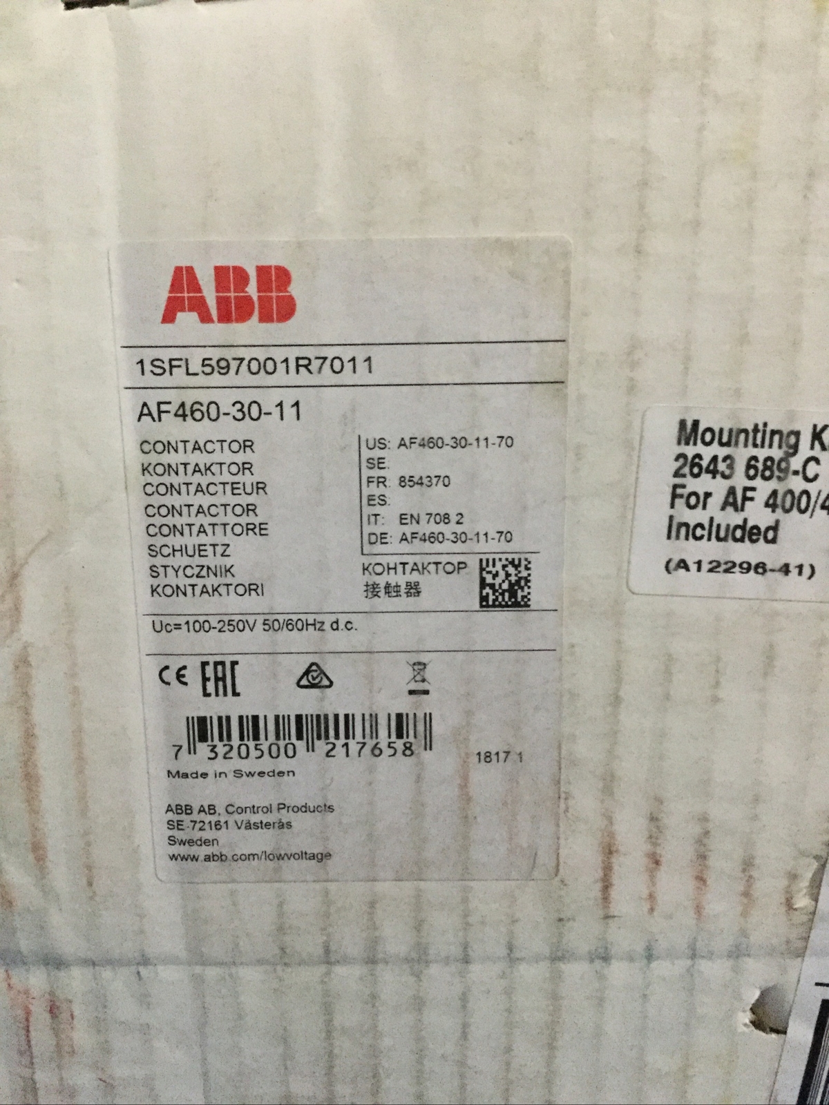 ABB Contactor AF460-30-11-70, AF460-30-11, 1SFL597001R7011, With ...