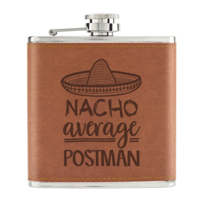 Nacho Average Postman 6oz PU Leather Hip Flask Tan Worlds Best Funny ...
