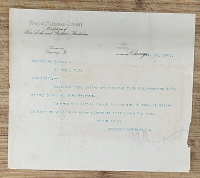 1901 Letterhead Chicago Illinois Reading Hardware El Reno Oklahoma | eBay