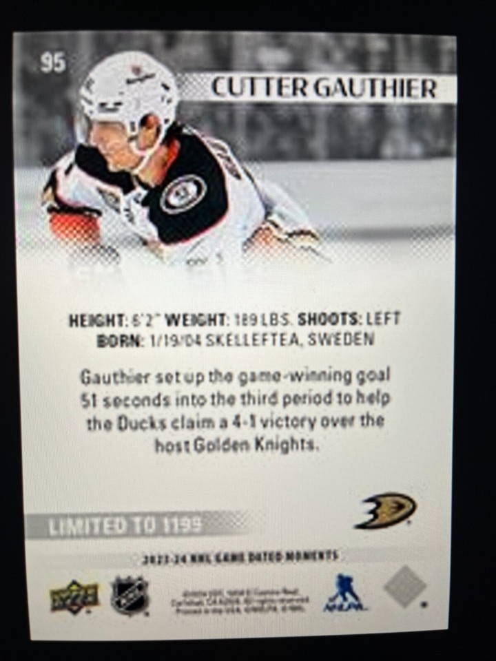 2023 Game Dated Moments Cutter Gauthier Debut #95 1ST NHL CARD /1199 E ...