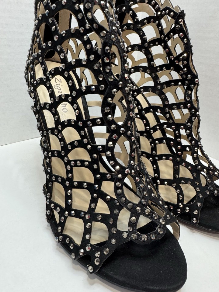 Zigi Soho Womens Suede Rhinestone Cutout Caged Peep Toe Heels Black ...