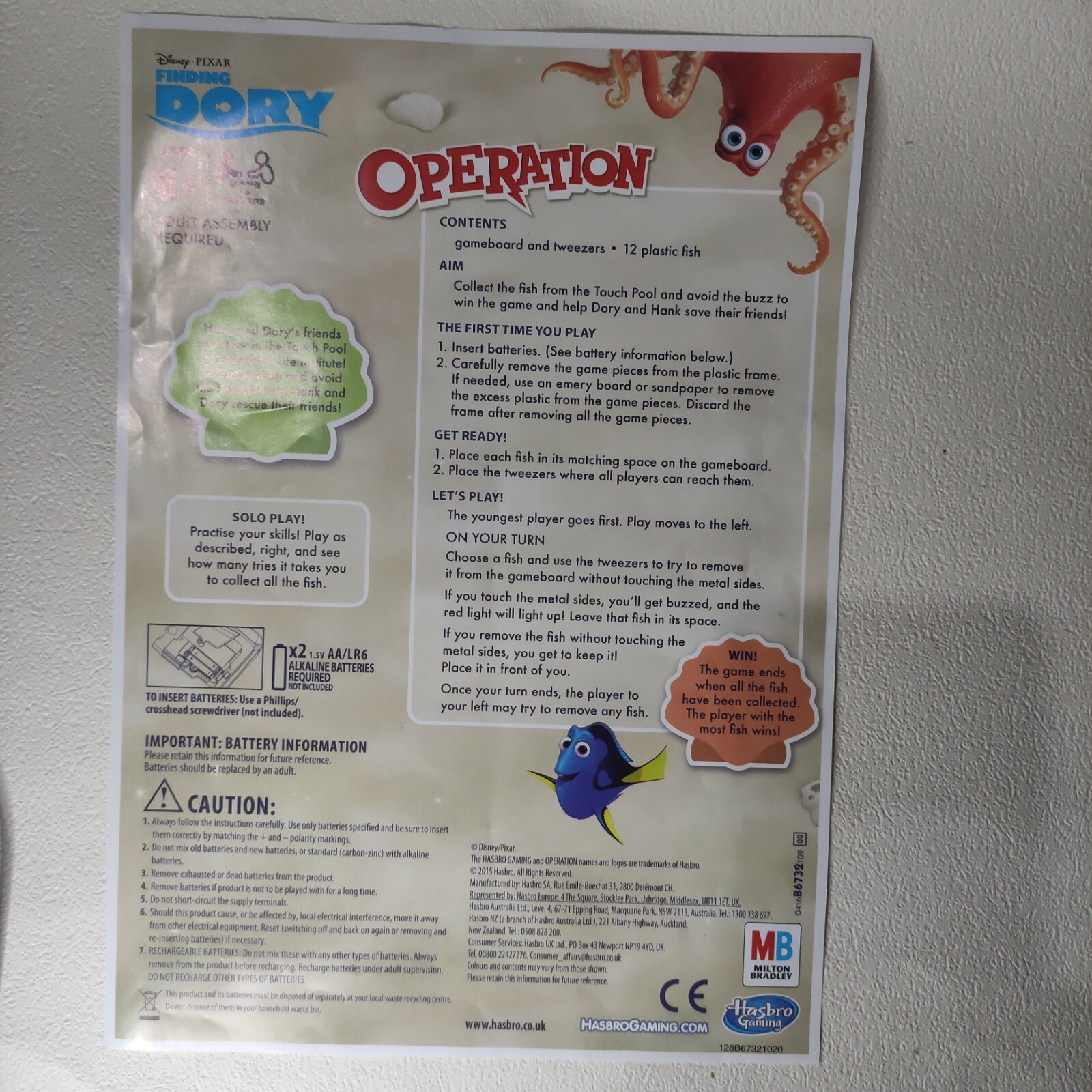 Disney Finding Dory Operation Game INSTRUCTIONS ONLY Hasbro Disney Finding Dory Operation Game INSTRUCTIONS ONLY Hasbro