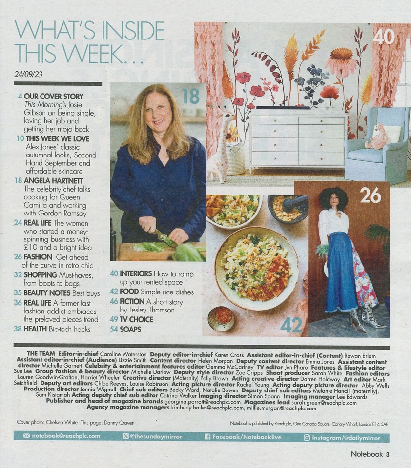 UK Sunday Mirror Notebook Magazine Josie Gibson, Angela Hartnett, Alex ...