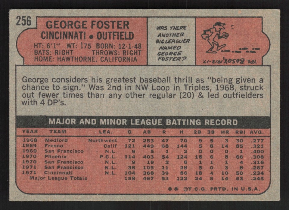 George Foster 1972 Topps #256 Cincinnati Reds VG-EX SU | eBay