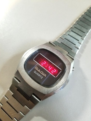 BULOVA 1976 VINTAGE RARE RED LED DIGITAL ALL ST. STEEL QUARTZ MEN'S ...