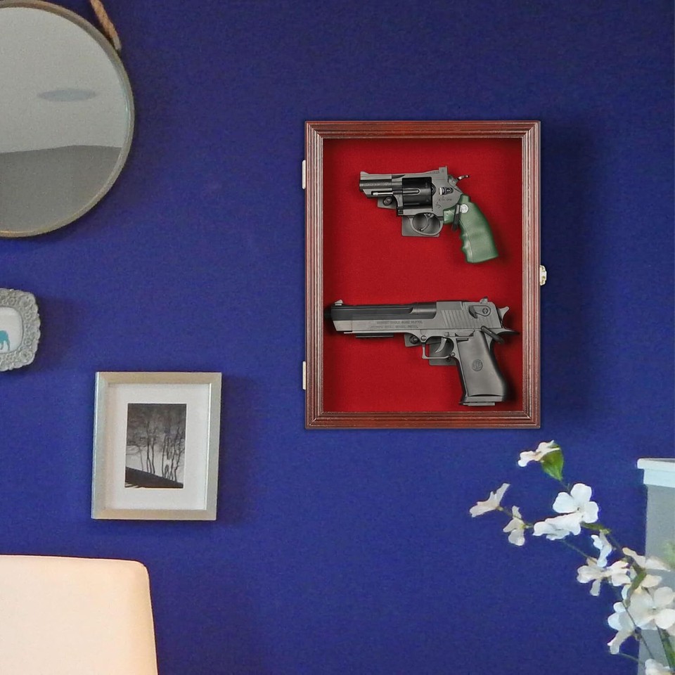 Gun Display Case 2pc Mahogany 16 x 13 In Handgun Pistol Revolver Lock ...