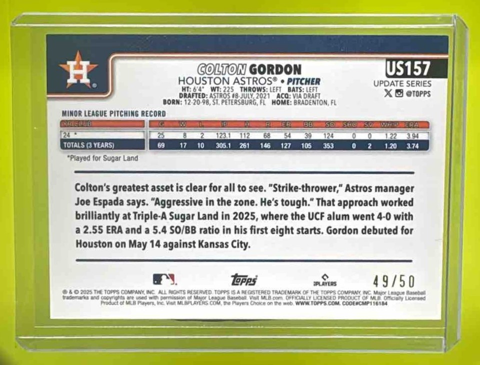 2025 Topps Update Colton Gordon Gold Diamante Foil /50 #US157 RC Astros ...