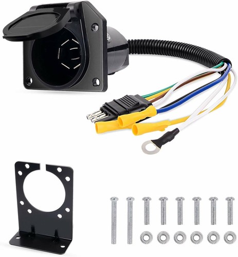 4-Way Flat To 7-Way Round RV Blade Wiring Adapter Plug Trailer Hitch w ...