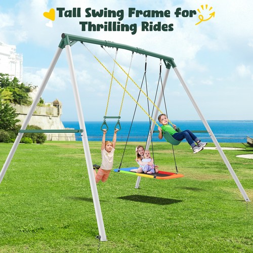 700lb 9.5ft Tall Heavy Duty Metal Swing Set Backyard with 3 Swings ...