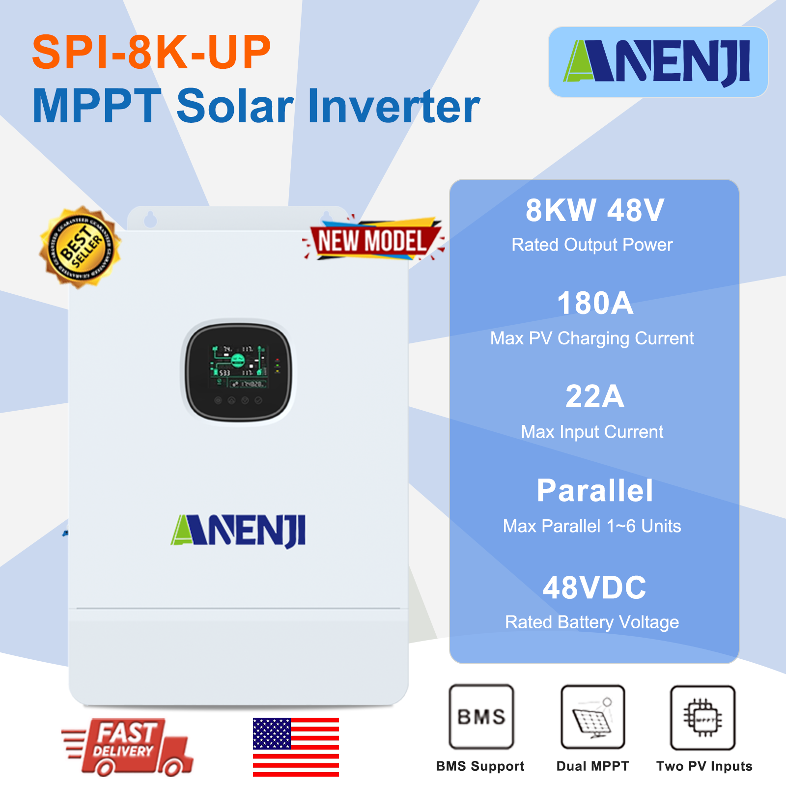 8KW Solar Inverter Off-Grid Hybrid 120/240V Split Phase Dual MPPT 180A ...