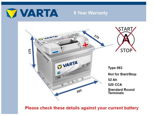 063 Car Battery Varta C6 12V 52Ah 520CCA - Exide EA472 Equivalent for ...
