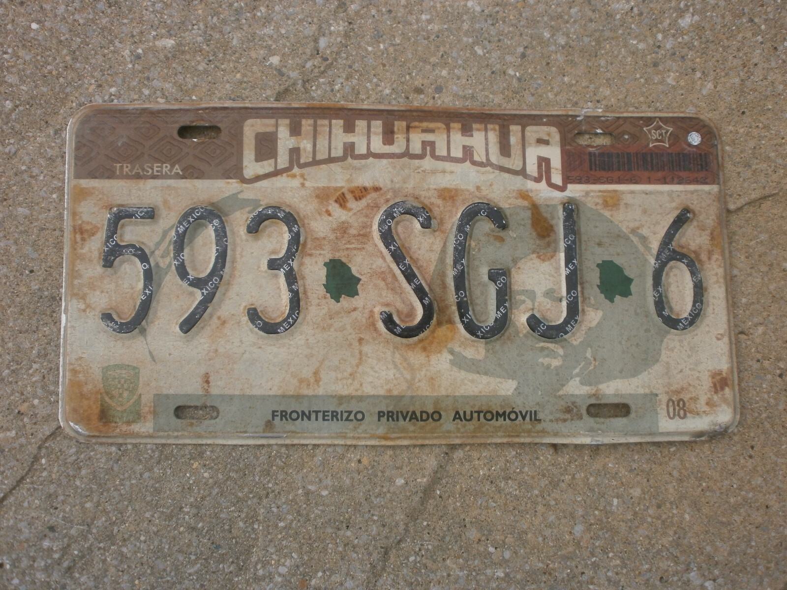 MEXICO CHIHUAHUA FRONTERIZO PRIVADO AUTOMOVIL # 593-SGJ-6 RARE LICENSE ...