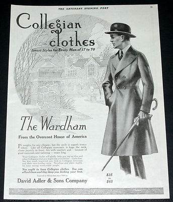 1919 OLD MAGAZINE PRINT AD, DAVID ADLER COLLEGIAN CLOTHES WARDHAM COAT ...