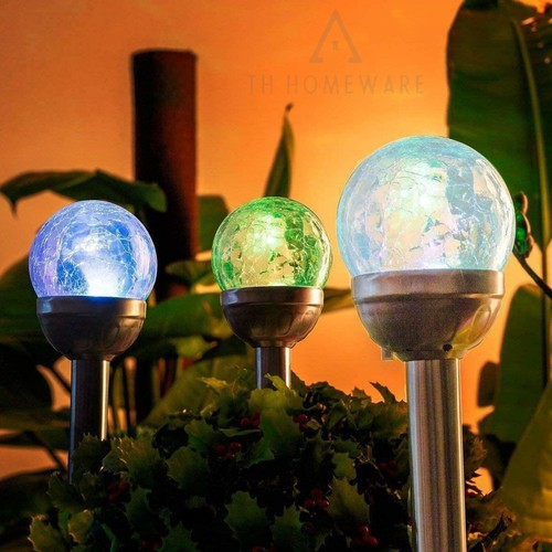 Solar Powered Light Crackle Ball Led Lights Colour Change Steel Garden ...