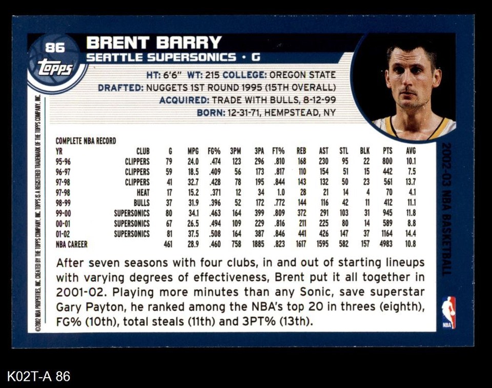 2002 Topps #86 Brent Barry Supersonics Oregon St 8 - NM/MT | eBay