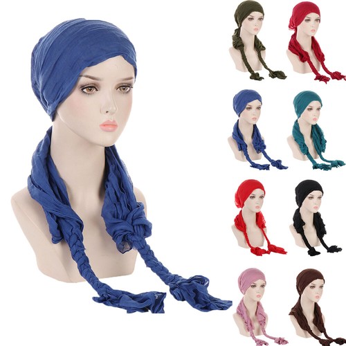 Women Pre-Tied Hat Muslim Hijab Long Tail Braid Turban Headscarf Bonnet ...
