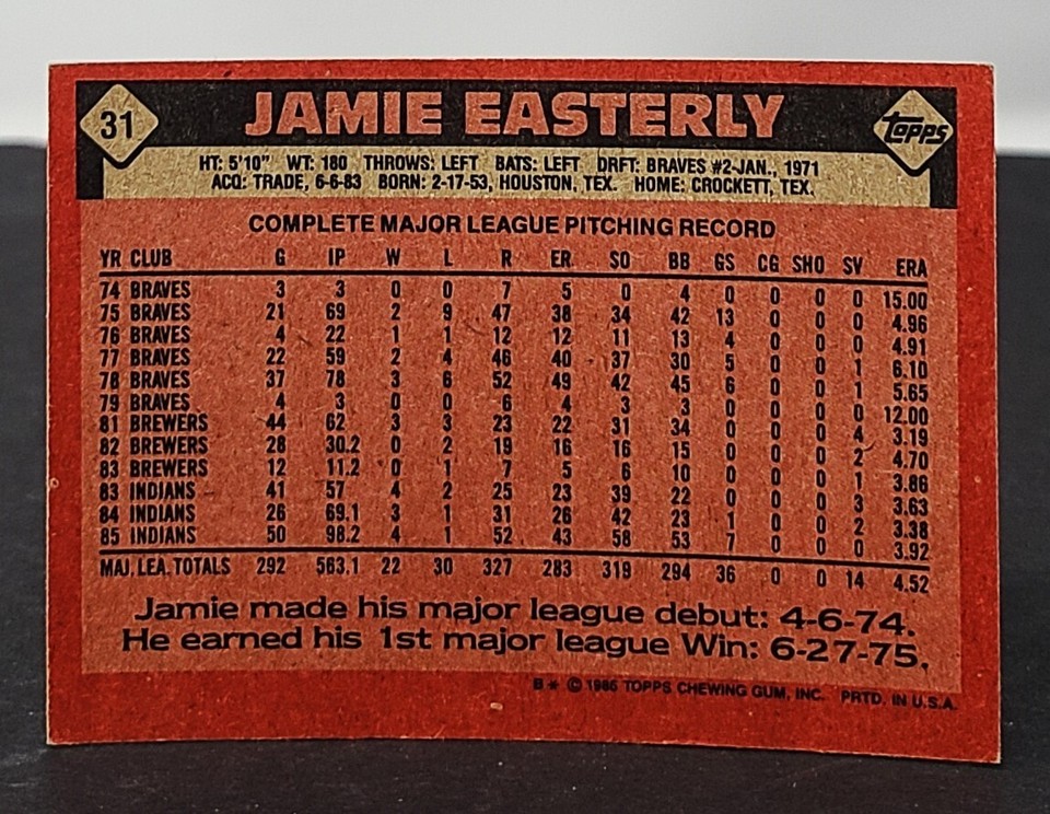 JAMIE EASTERLY Signed Autograph 1986 Topps Baseball Card #31 Cleveland ...