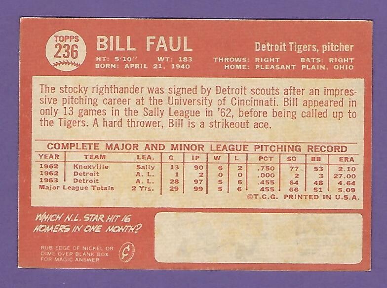 1964 Topps - #236 Bill Faul - Detoit Tigers - Ex+ CENTERED (hs) | eBay