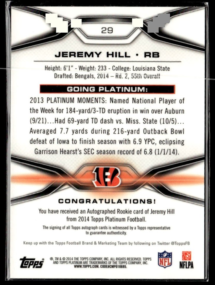 2014 Topps Platinum #29 Jeremy Hill Autographs Refractors AU 3301D | eBay