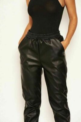 Women's Ladies PU PVC Faux Leather Cuffed Bottom Jogging Joggers Pants ...