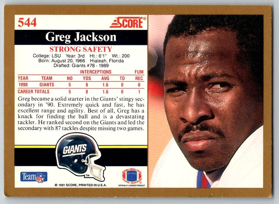 1991 SCORE GREG JACKSON RC NEW YORK GIANTS #544 | eBay