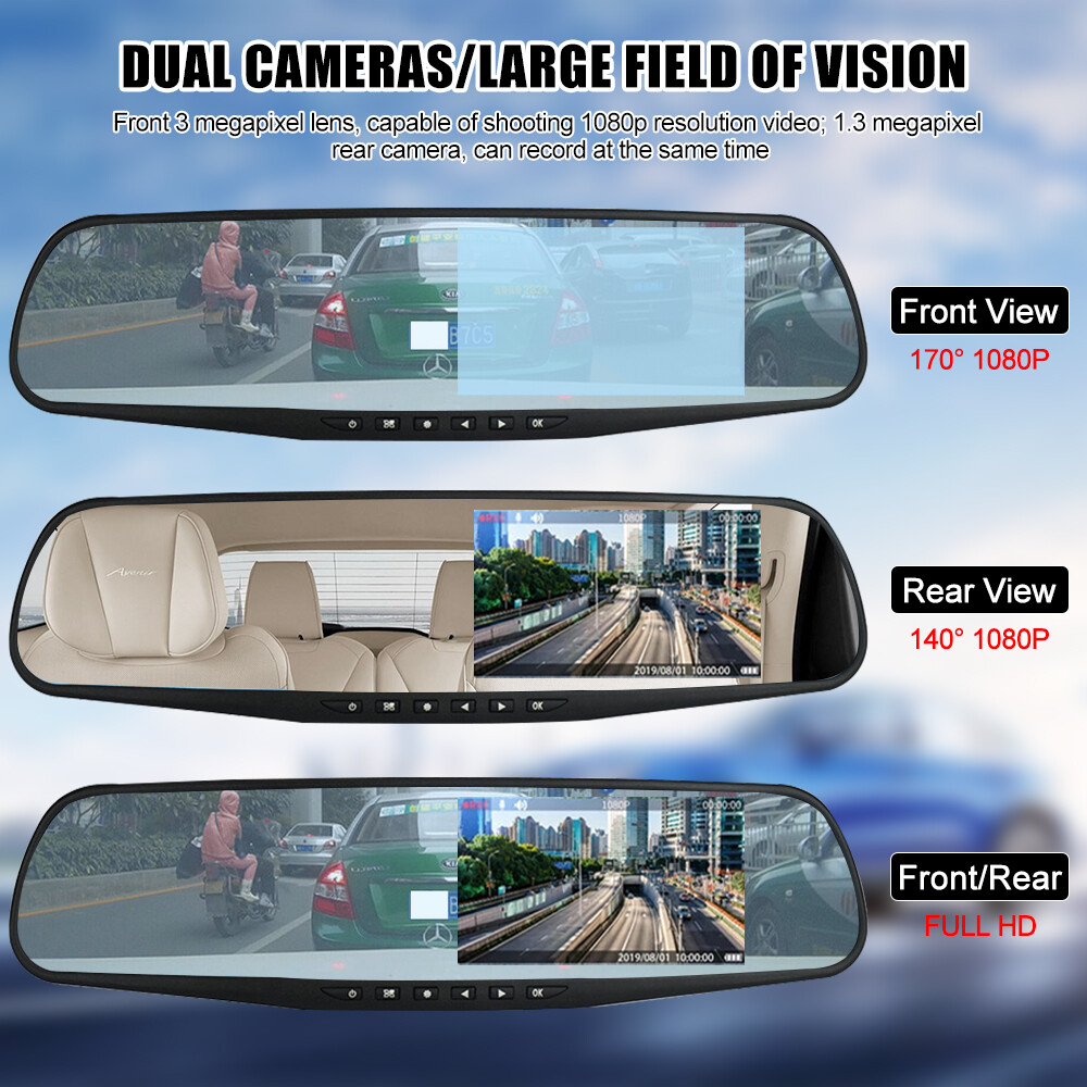 1080P HD Rearview Mirror Car DVR Dual Dash Cam Camera Front Rear Video ...
