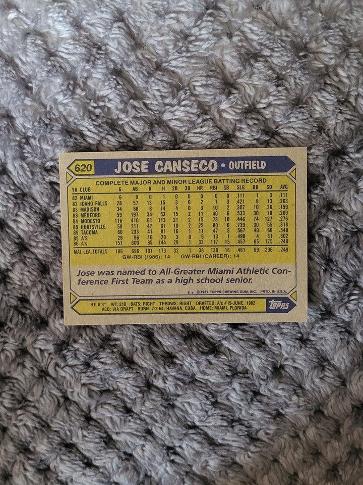RARE 1987 TOPPS JOSE CANSECO, MULTIPLE ERROR/ MISPRINT & OFF CENTER ...