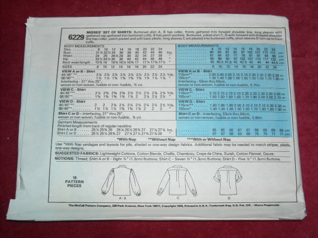 🌸 UNCIRCULATED 1978 McCALL'S #6229 - LADIES ( 4 STYLE ) SHIRT PATTERN ...