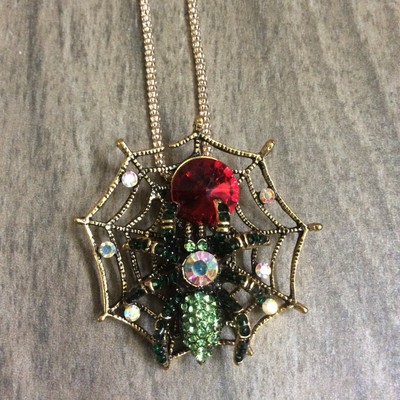 Betsy Johnson Crystal Spider in a Web Pendant on a Gold Long Chain ...