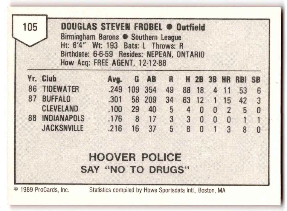 1989 ProCards Minor League Doug Frobel Birmingham Barons #105 | eBay