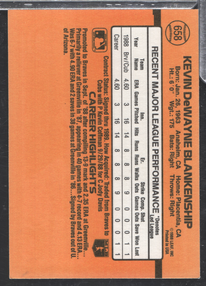 Kevin Blankenship Cubs Autographed 1989 Leaf Donruss #658 w/COA ...