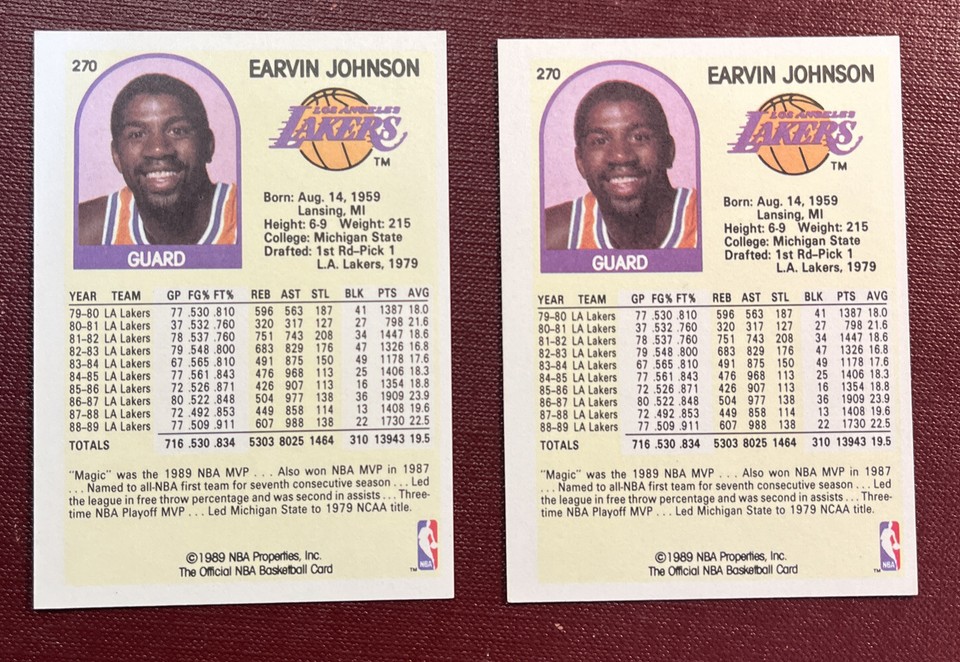 2 Magic Johnson 1989-90 NBA Hoops Cards #270 NM-MT (BIGJ’S) LA Lakers ...