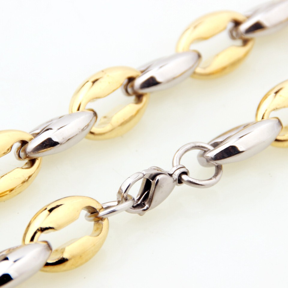 12mm Men Silver Gold Stainless Steel Coffee Bead Bean Chain Necklace ...