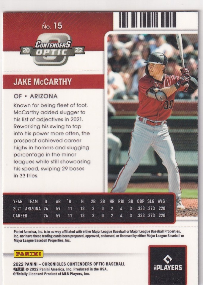 2022 CONTENDERS OPTIC RC JAKE MCCARTY DIAMONDBACKS ROOKIE CHRONICLES ...