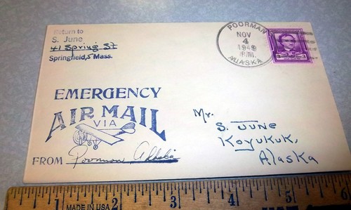 1949 stamped Cover Poorman Alaska Cancellation mark, Emergency Air Mail ...