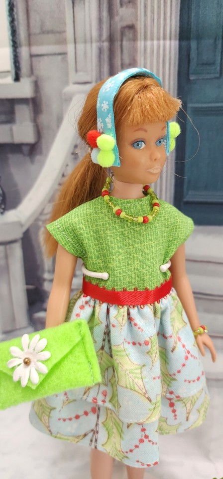 HANDMADE FOR VINTAGE SKIPPER DOLL CHRISTMAS DRESS LIME GREEN WITH ...