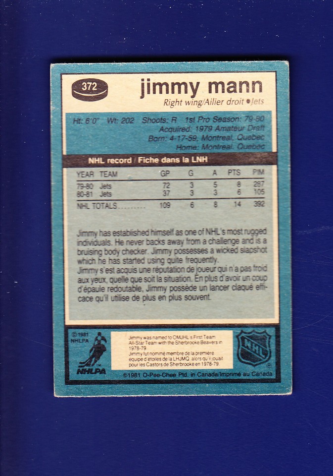 Jimmy Mann 1981-82 O-PEE-CHEE OPC NHL Hockey #372 (EX) Winnipeg Jets | eBay