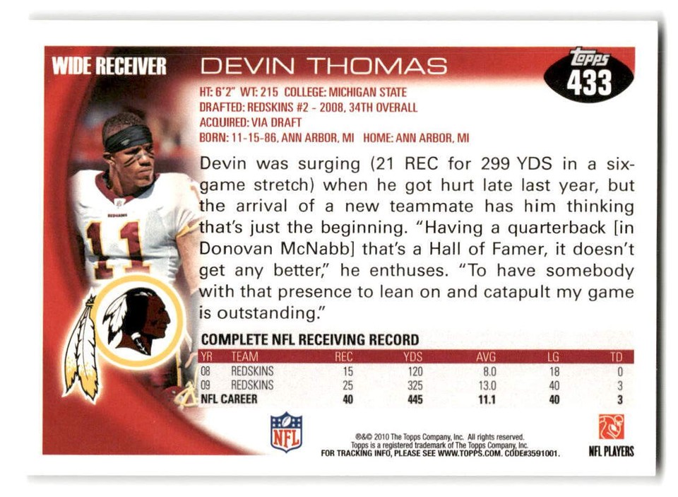 Devin Thomas 2010 Topps FOOTBALL #433 Washington Redskins | eBay