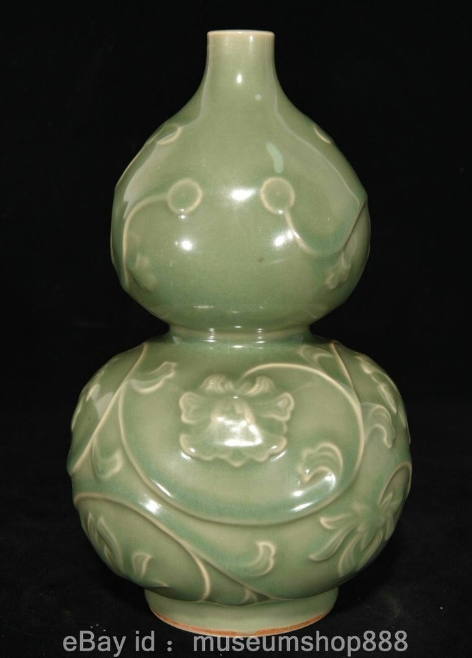 9" Chinese Longquan Kiln Green Glaze Porcelain Entwined Flower Gourd ...