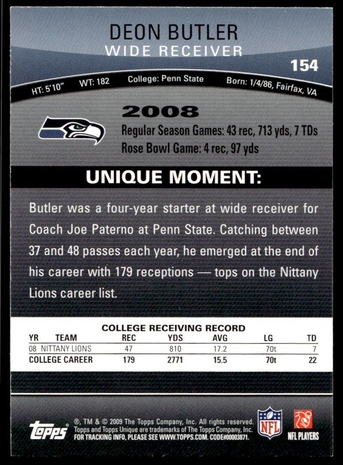 2009 Topps Unique Deon Butler Rookie G25 Seattle Seahawks #154 | eBay