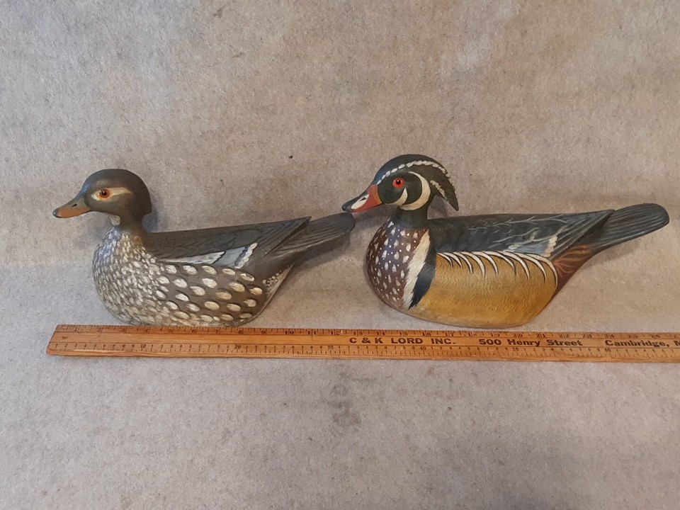 Pair Carved Wood Duck Decoys branded Reggie Birch Chincoteague VA | eBay
