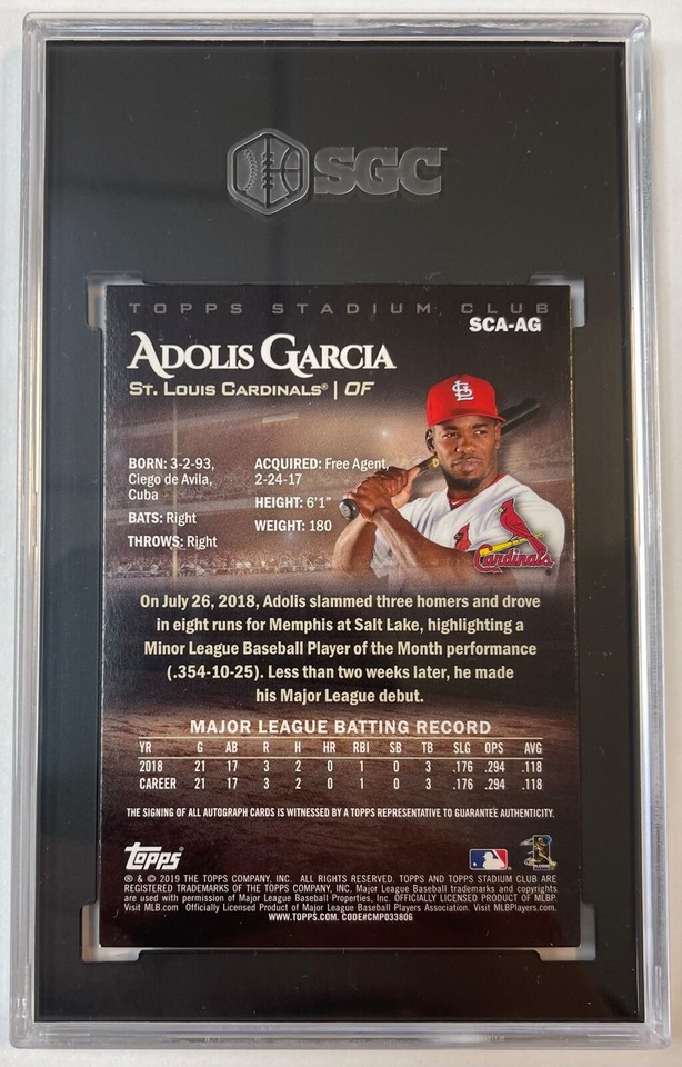 2019 Topps Stadium Club SCA-AG Adolis Garcia Auto Rookie Card RC SGC 8. ...