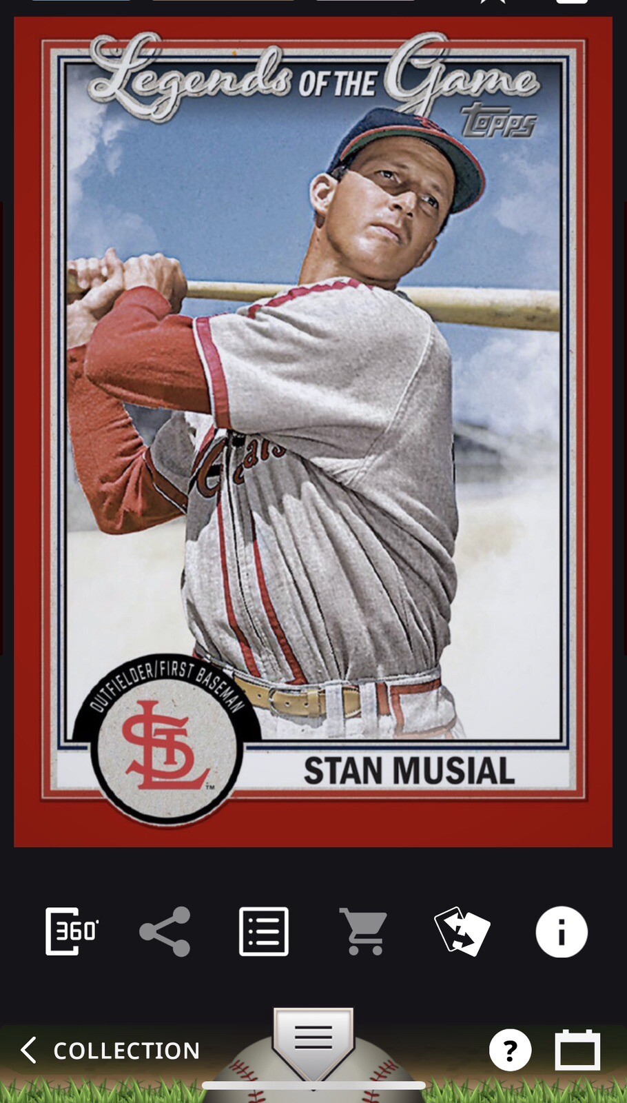 STAN MUSIAL-SERIES 1 LEGENDS OF THE GAME RED SUPER RARE BASE-TOPPS BUNT ...
