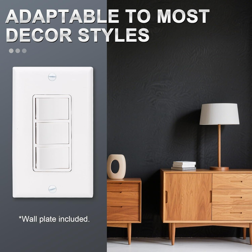 Triple Rocker Light Switch with Wall Plate, 15A 120V Single Pole, 3 ...
