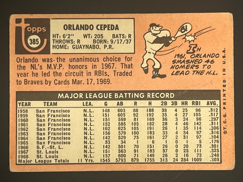 1969 Topps Orlando Cepeda Baseball Card #385 BV $25 KB 22524 | eBay