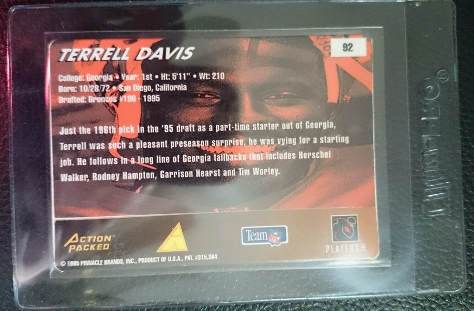 1995 ACTION PACKED #92 TERRELL DAVIS ROOKIE CARD RC DENVER BRONCOS HOF ...