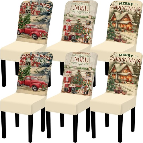 6 Pack Christmas Decoration Chair Covers Stretch Dining Vintage Style ...