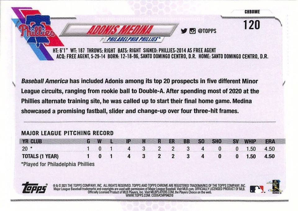Adonis Medina RC 2021 Topps Chrome Baseball MLB Base Rookie Card #120 ...