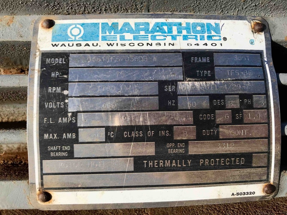 75hp 1780rpm 365T frame 460V Marathon Electric Motor $1500 | eBay