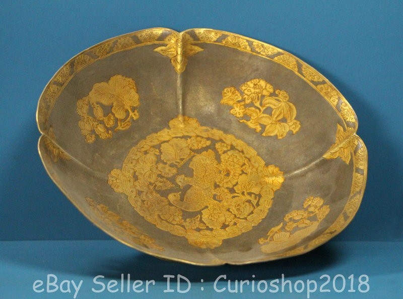 8.8" Old Chinese Copper Gilt Dynasty Palace Flower Mandarin duck Tray ...